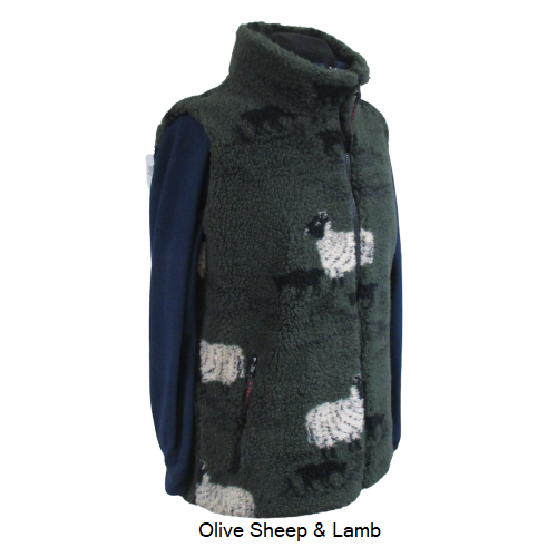 Mans Sherpa Fleece Vest Olive Sheep and Lamb - Farfield Clothing
